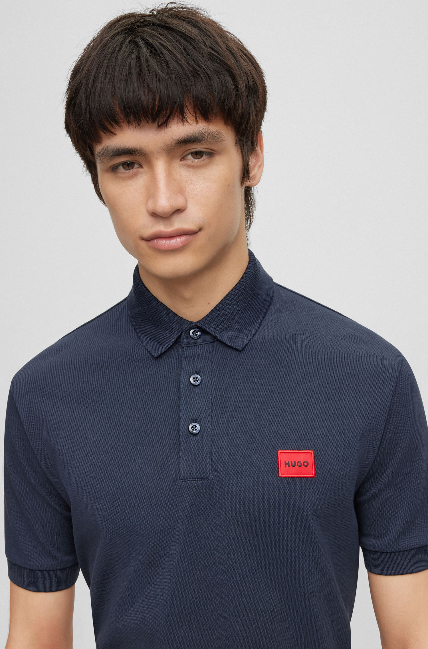 Polo Slim-Fit Em Piqué De Algodão Com Logo Vermelho Azul